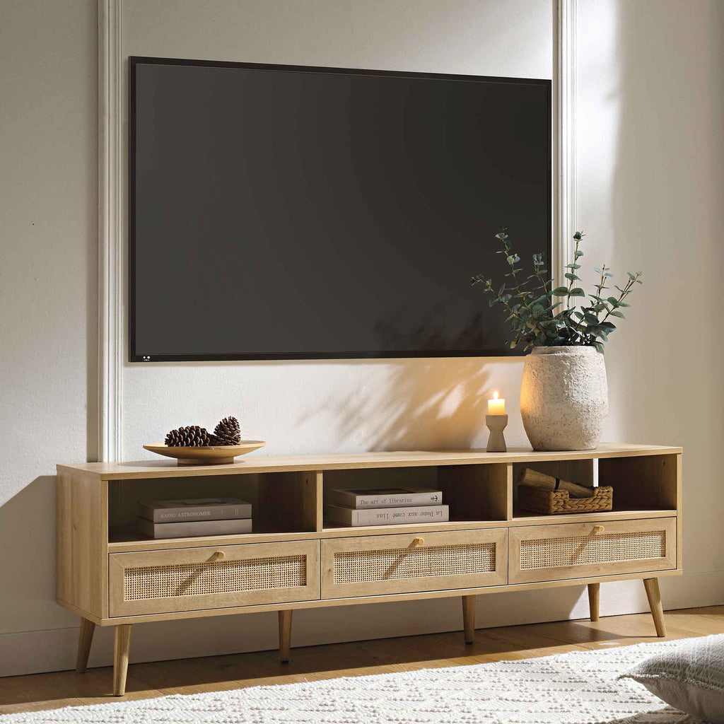 Frances Woven Rattan 160cm 3-Drawer TV Unit, Natural | daals