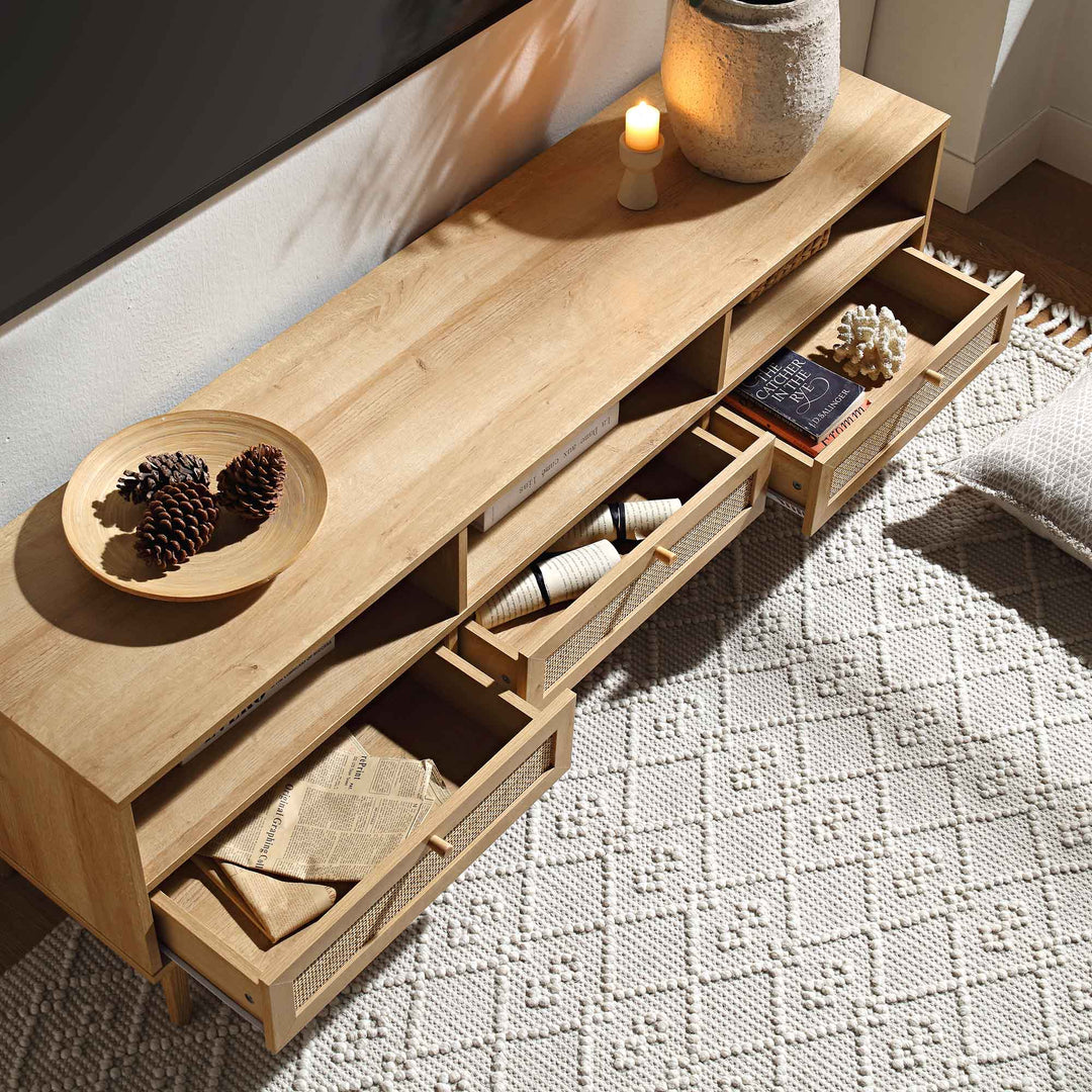 Frances Woven Rattan 160cm 3-Drawer TV Unit, Natural | daals