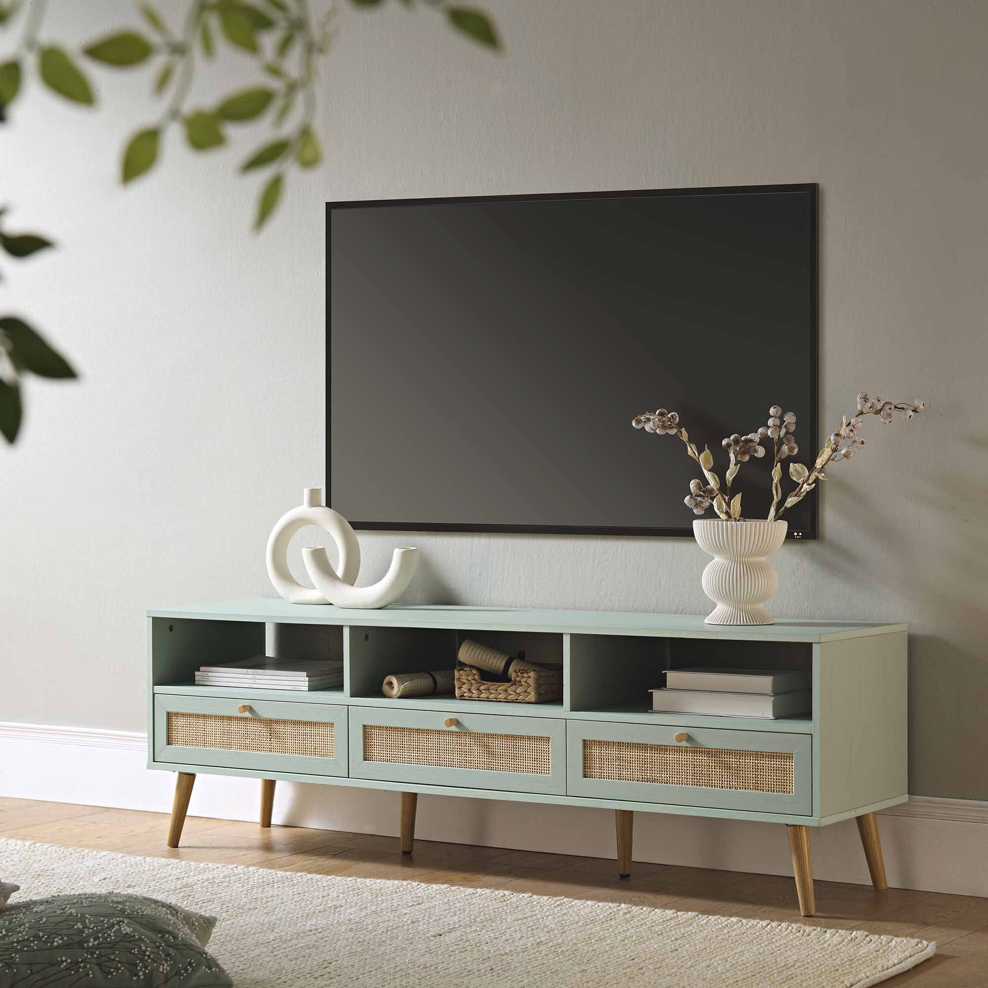 Frances Woven Rattan 160cm 3-Drawer TV Unit, Mint | daals