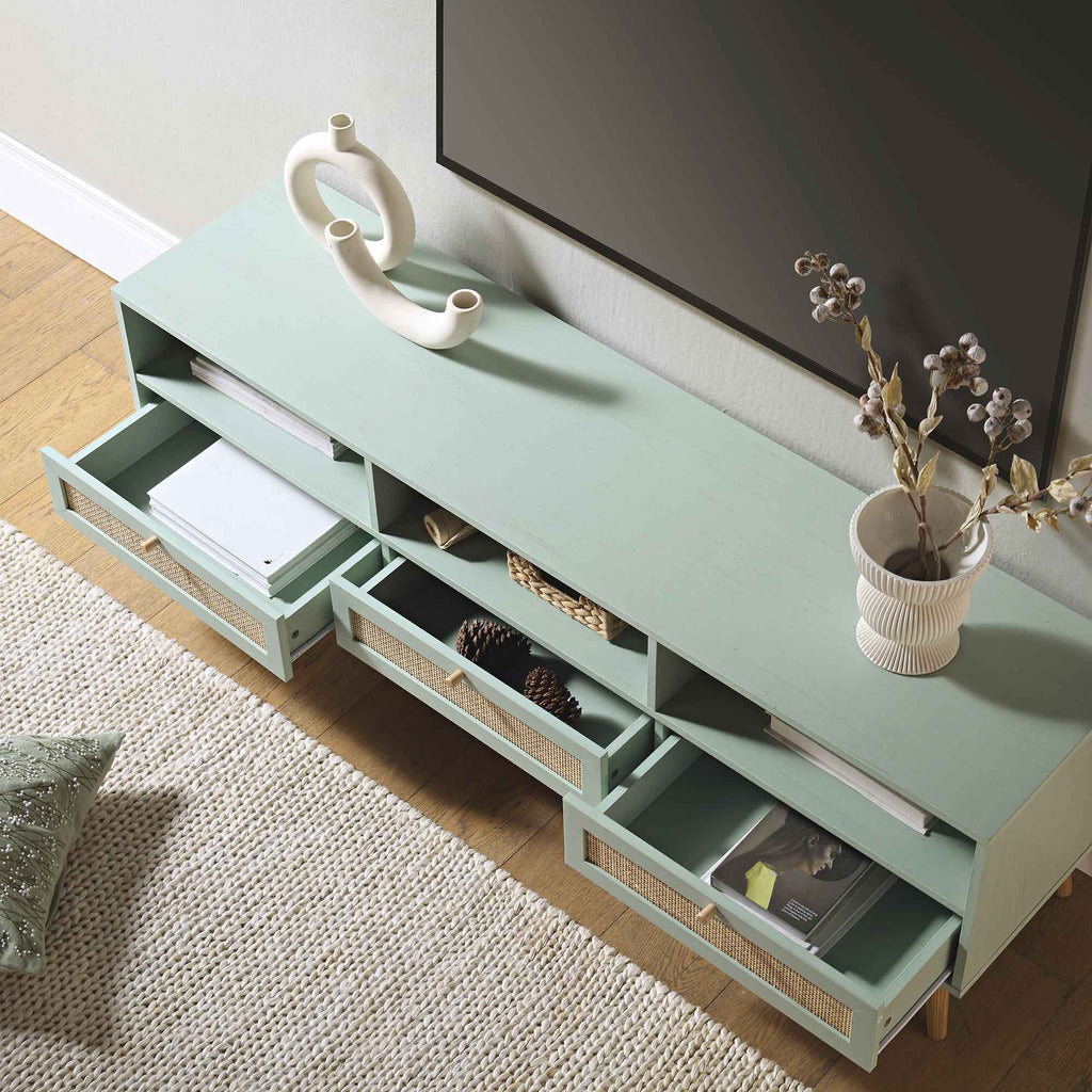 Frances Woven Rattan 160cm 3-Drawer TV Unit, Mint | daals