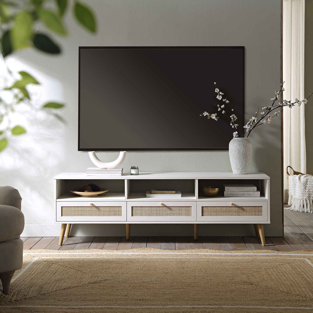 Frances Woven Rattan 160cm 3-Drawer TV Unit, White | daals