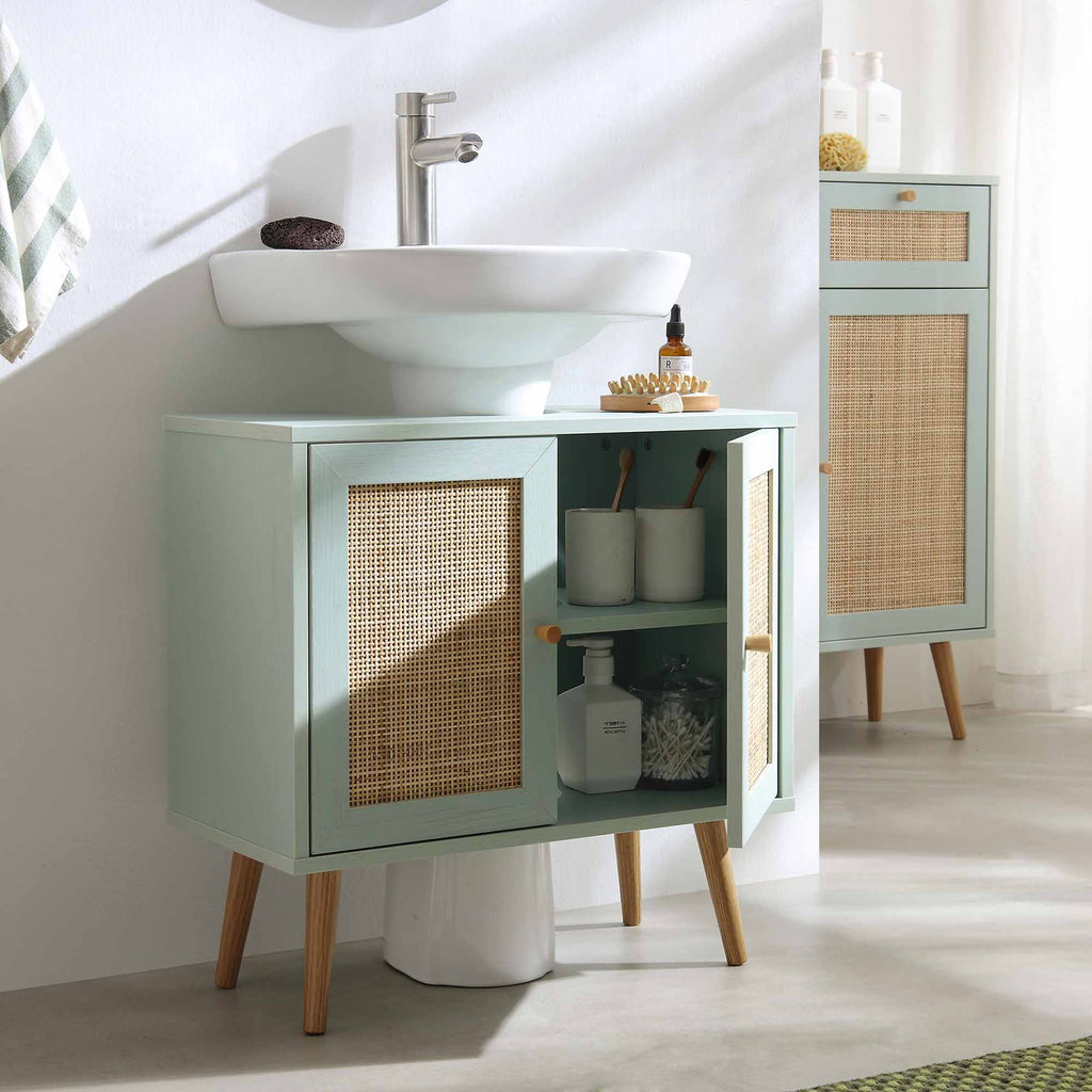 Frances Woven Rattan 2-Door Bathroom Undersink Unit, Mint Green | daals