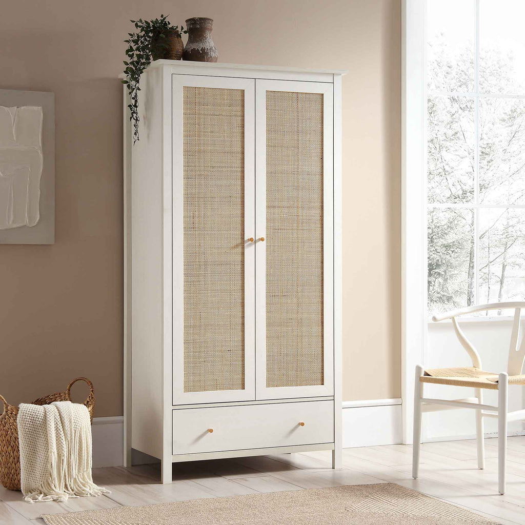 Frances Rattan Double Wardrobe with 1 Drawer, White | daals