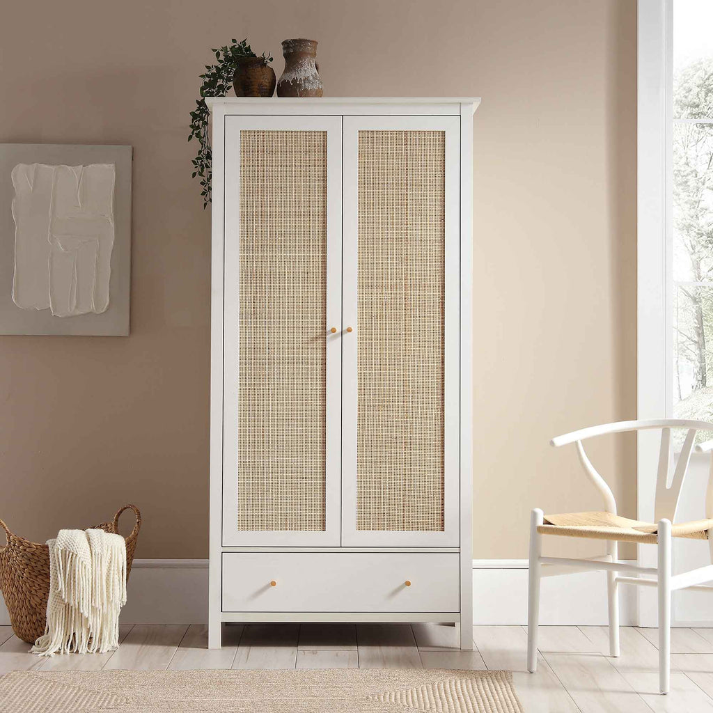 Frances Rattan Double Wardrobe with 1 Drawer, White | daals