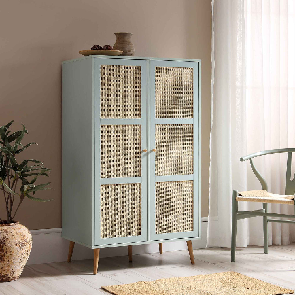 Frances Woven Rattan Compact Double Wardrobe, Mint Green | daals