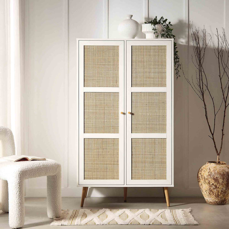 Frances Woven Rattan Compact Double Wardrobe, White | daals