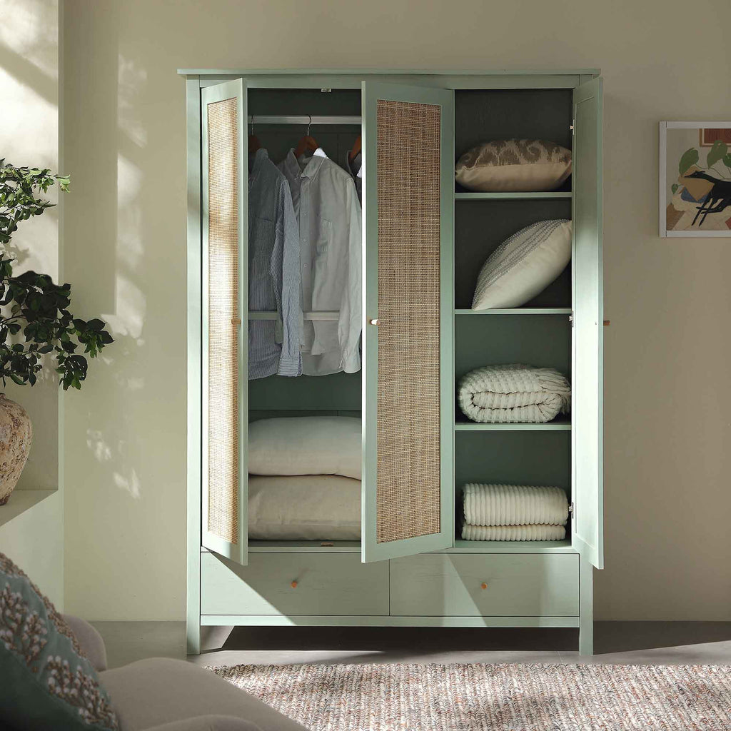 Frances Rattan Triple Wardrobe with 2 Drawers, Mint | daals
