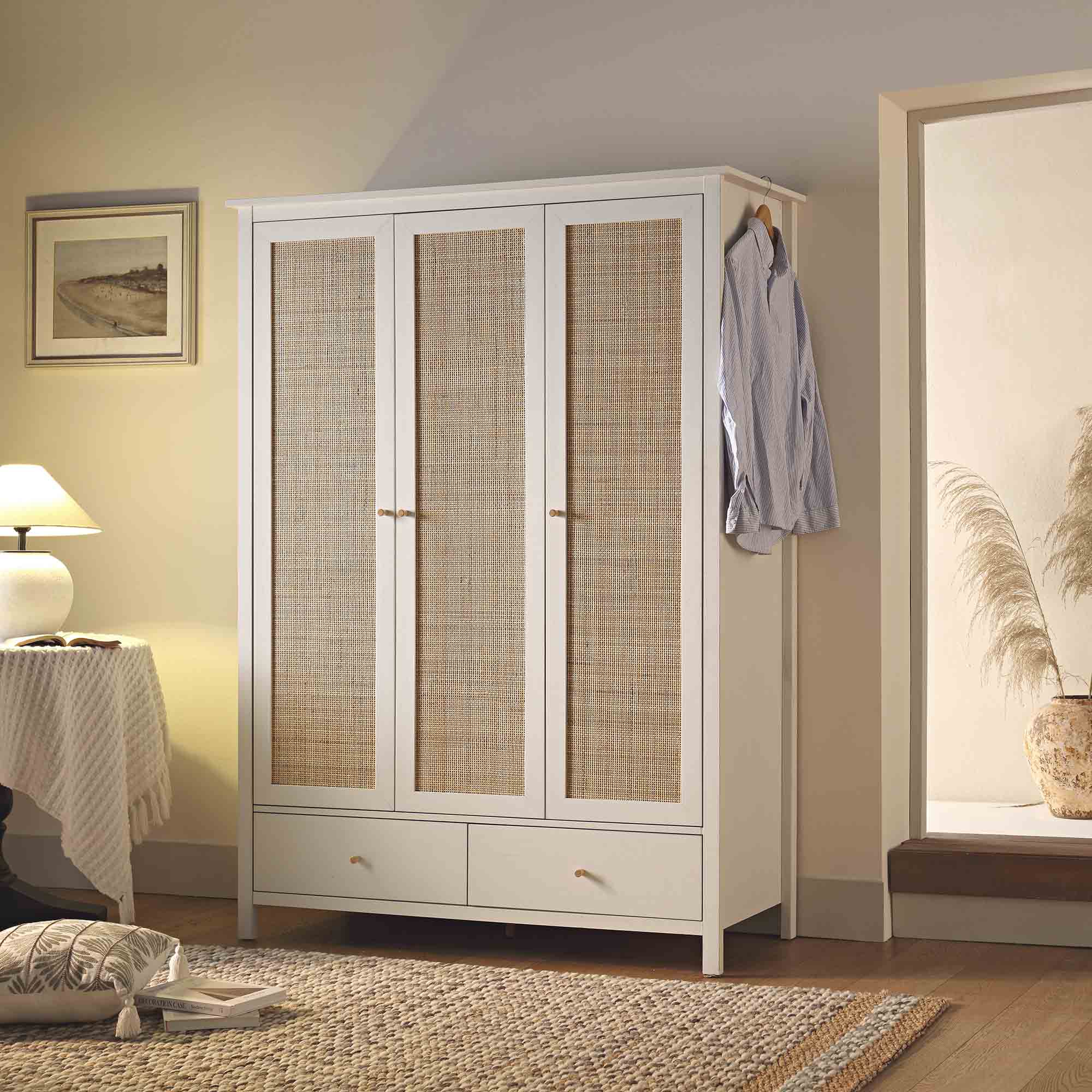 Frances Rattan Triple Wardrobe with 2 Drawers, White | daals