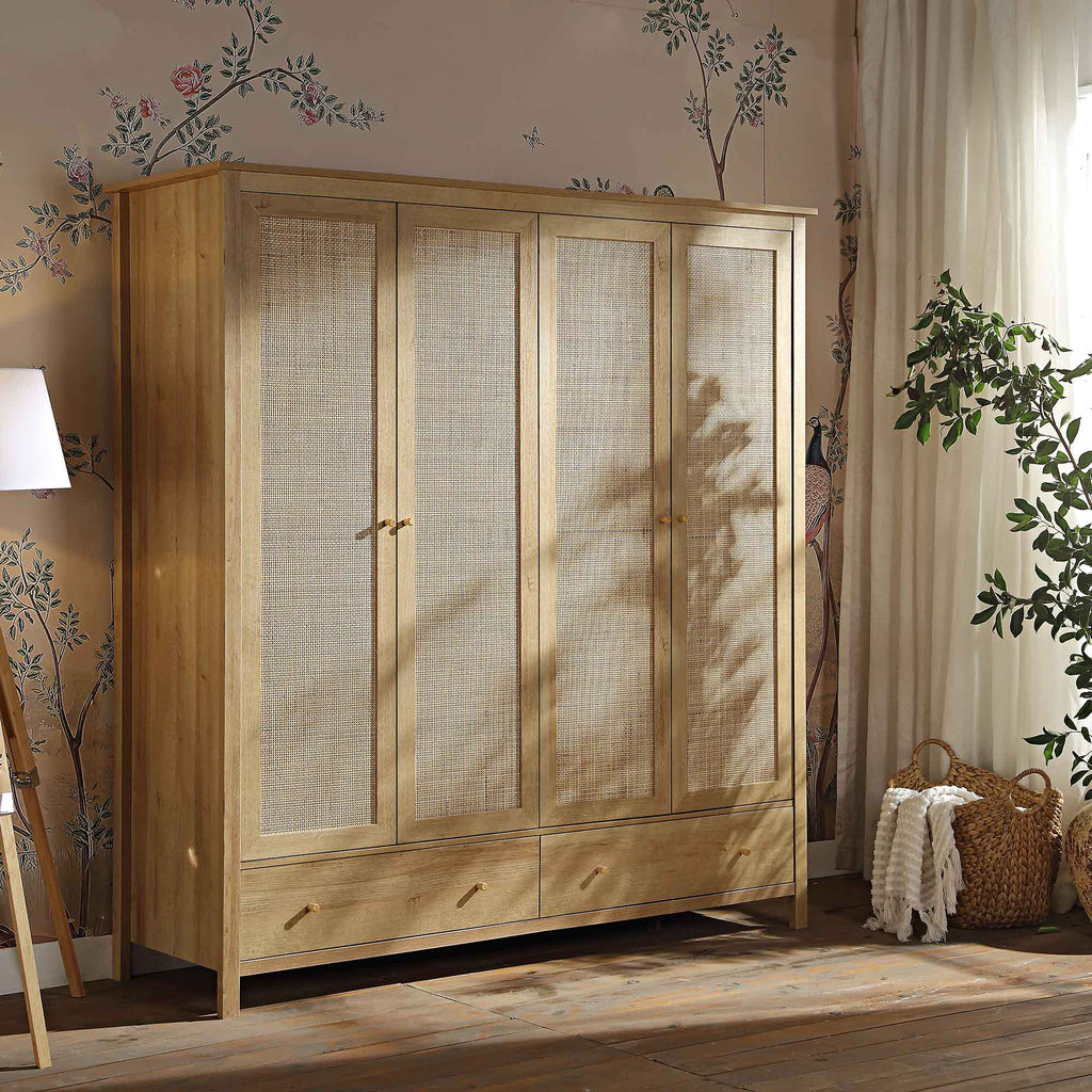 Frances Rattan 4-Door Wardrobe with 2 Drawers, Natural | daals