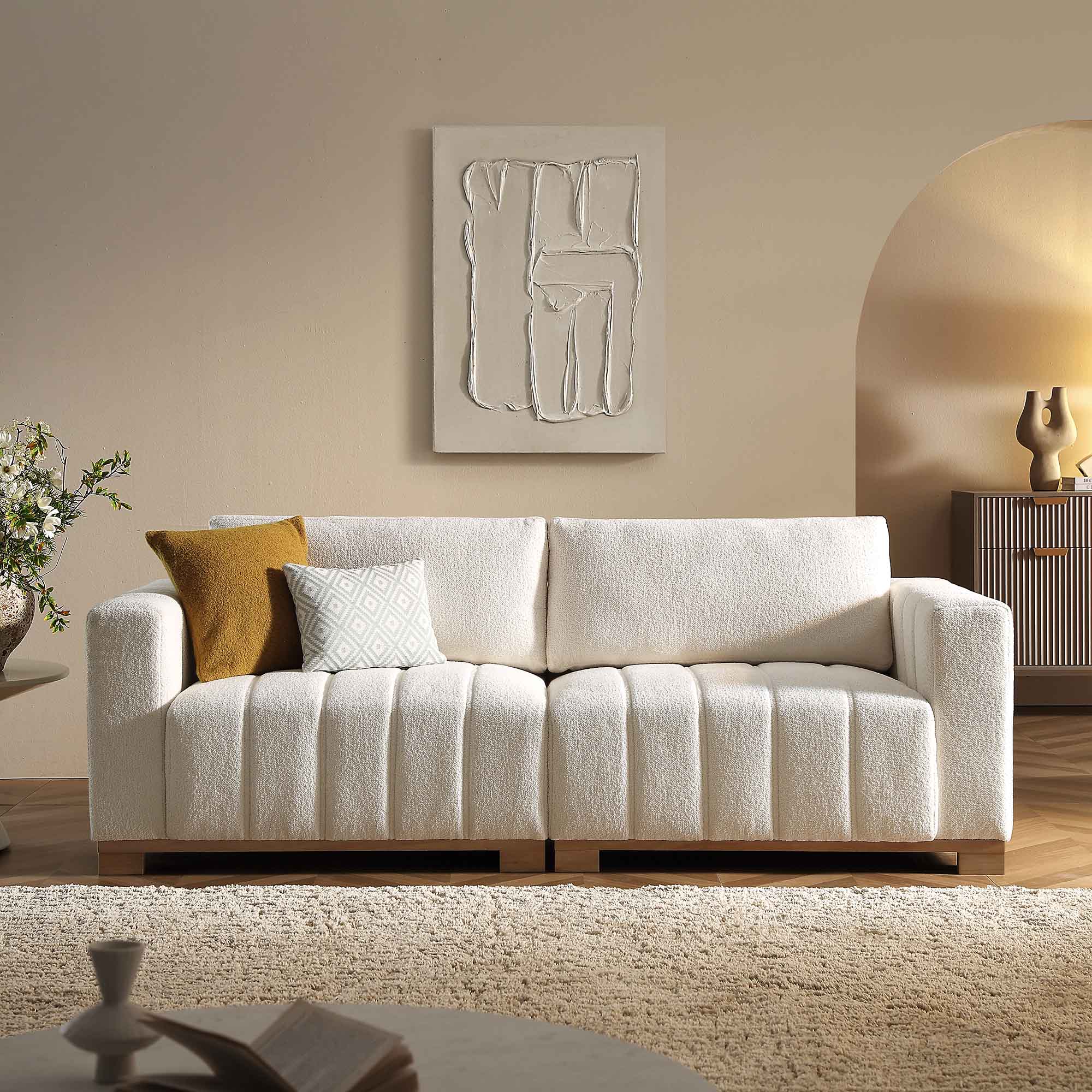 Belsize Beige Boucle Sofa with Wooden Base, 3-Seater | daals