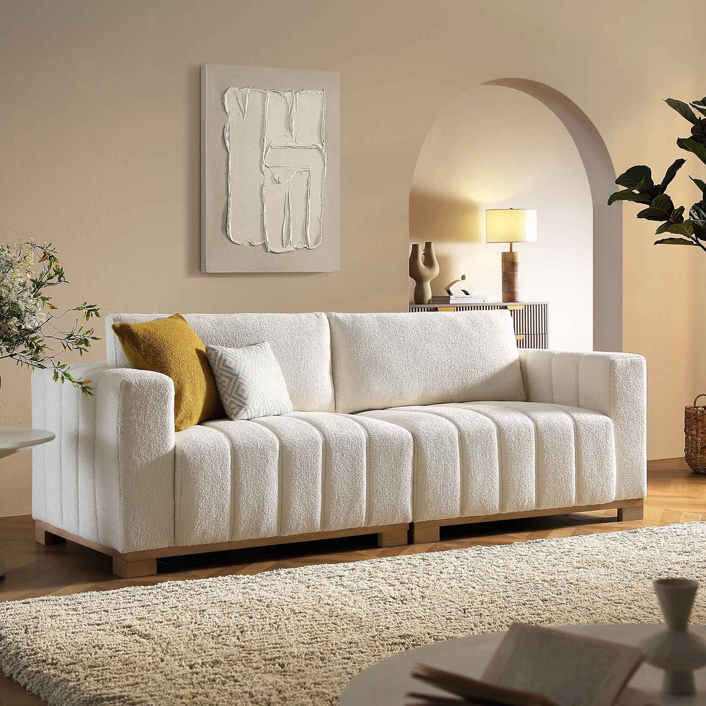 Belsize Beige Boucle Sofa with Wooden Base, 3-Seater | daals