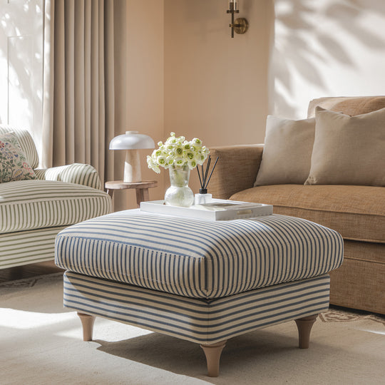 Daphnis Blue Striped Linen Blend Footstool | daals
