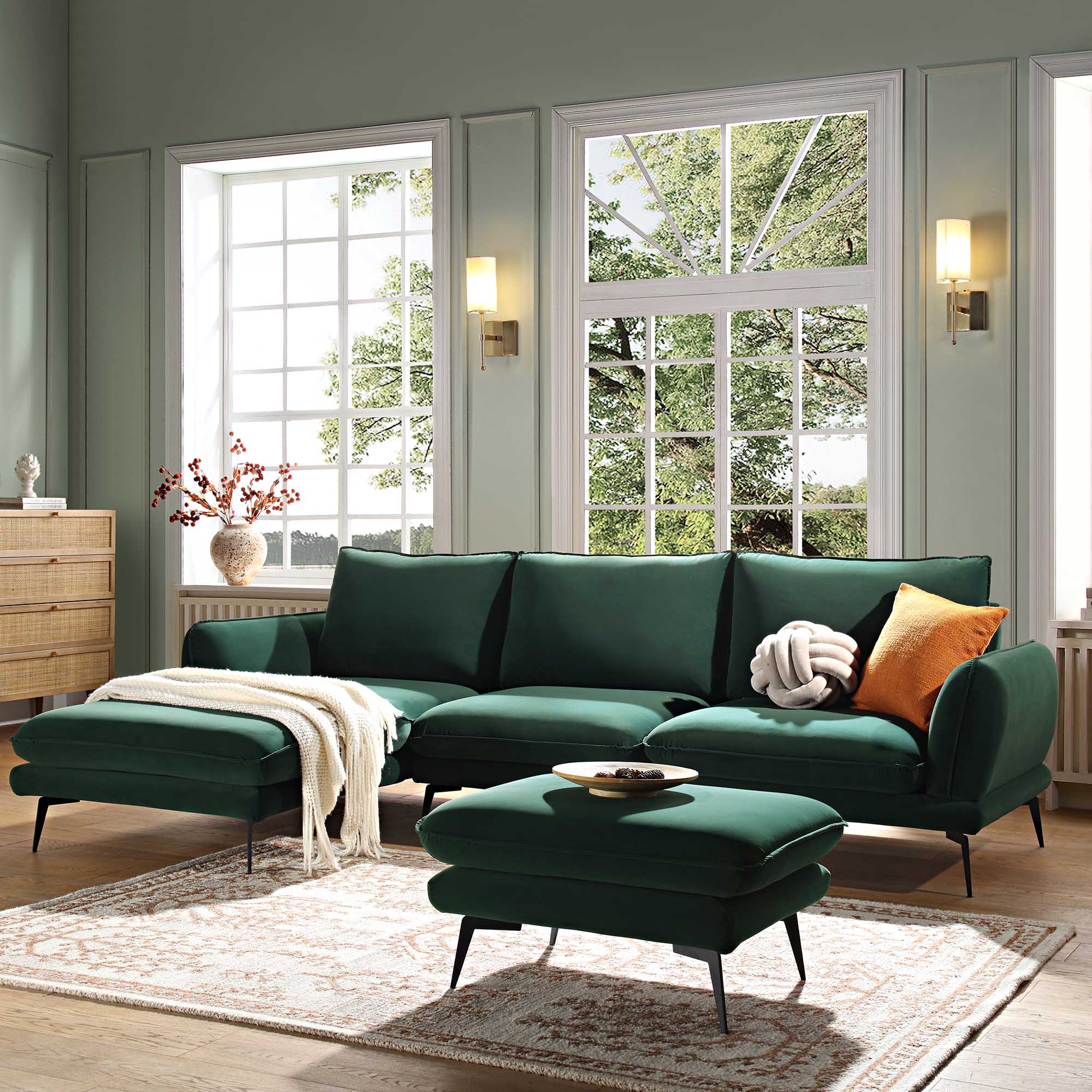 Obriel Forest Green Velvet Sofa, Grande Chaise Sofa Left Hand | daals