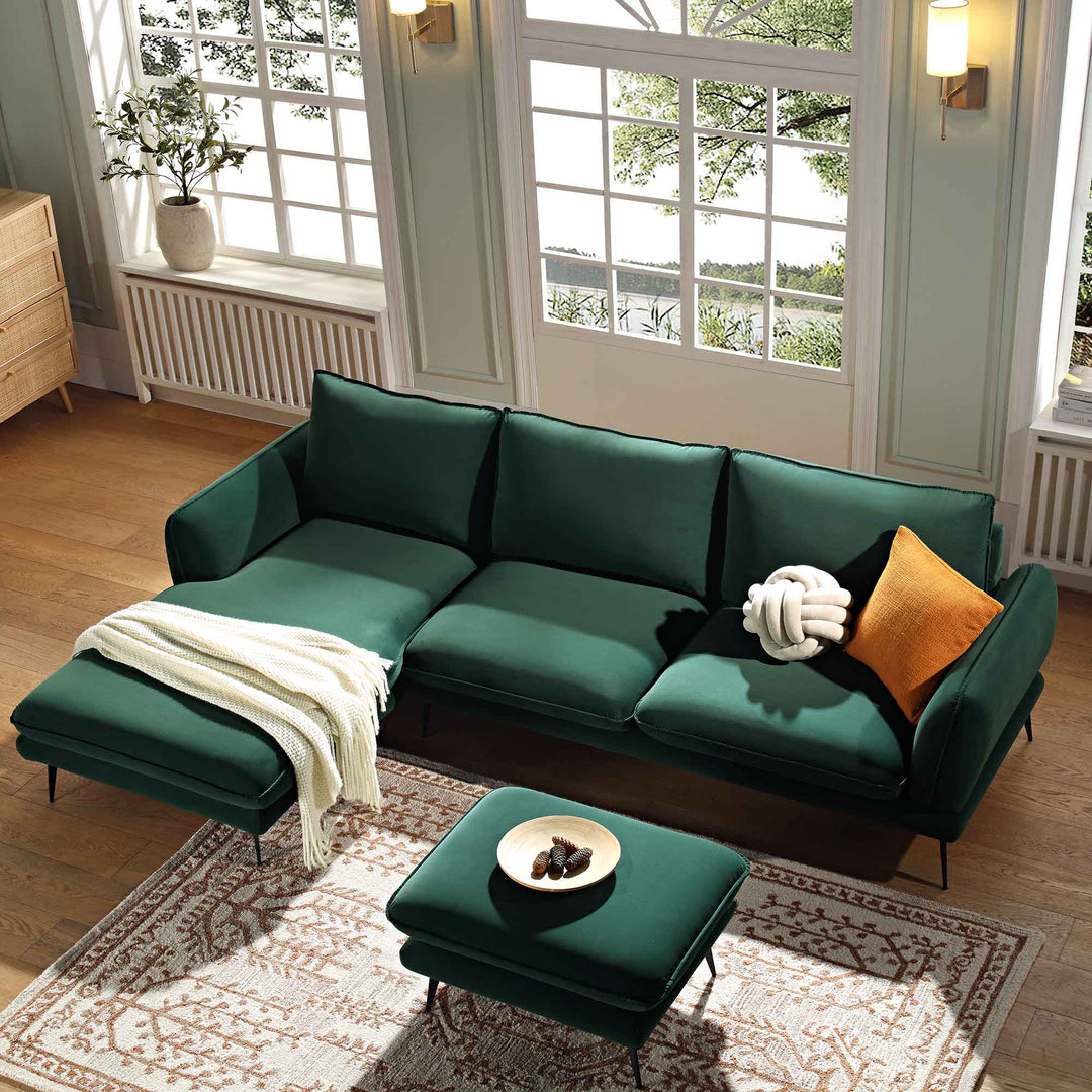 Obriel Forest Green Velvet Sofa, Grande Chaise Sofa Left Hand Facing ...