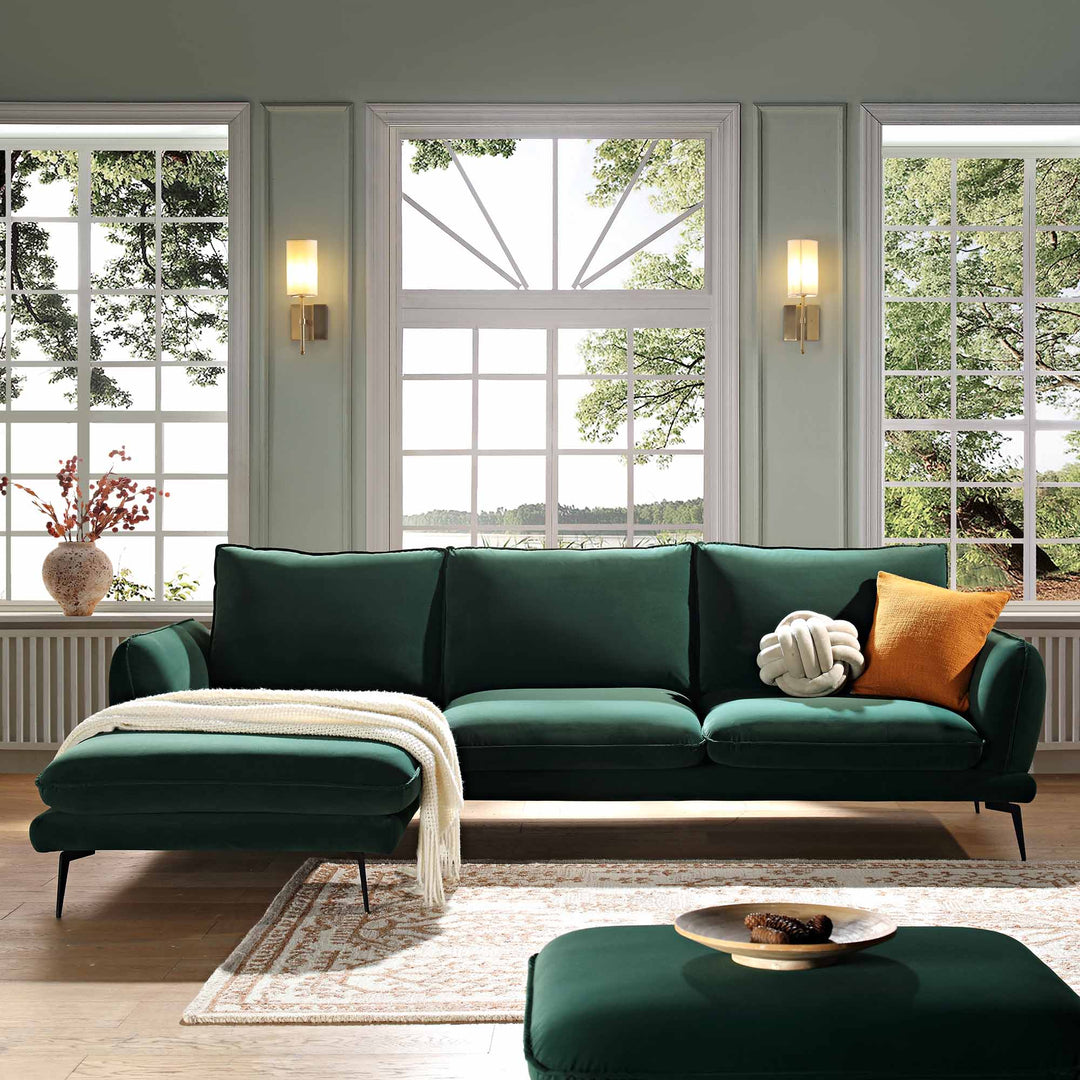 Obriel Forest Green Velvet Sofa, Grande Chaise Sofa Left Hand Facing ...