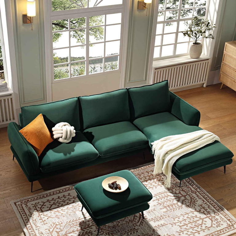 Obriel Forest Green Velvet Sofa, Grande Chaise Sofa Right Hand | daals