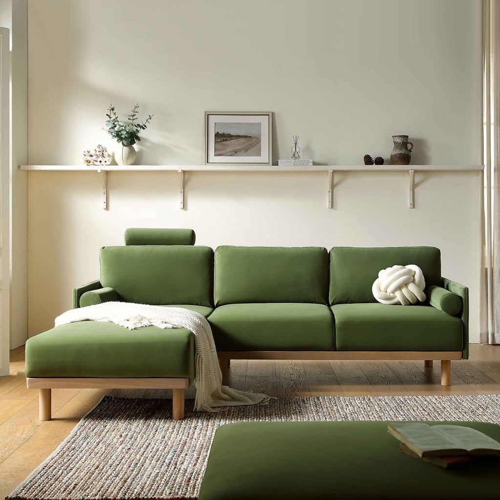 Timber Fern Green Velvet Sofa, Large 3-Seater Chaise Sofa Left Hand Fa ...