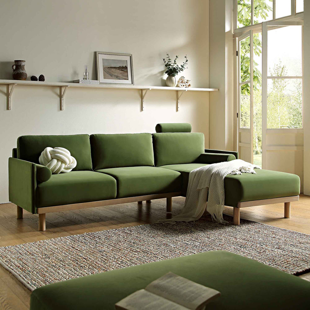 Timber Fern Green Velvet Sofa, Large 3-Seater Chaise Sofa Right Hand F ...