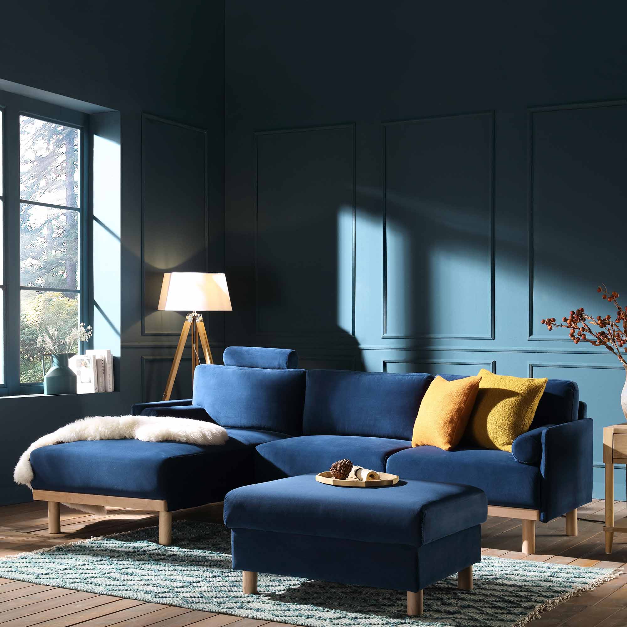 Timber Navy Blue Velvet Sofa, Large 3-Seater Chaise Sofa Left Hand | daals