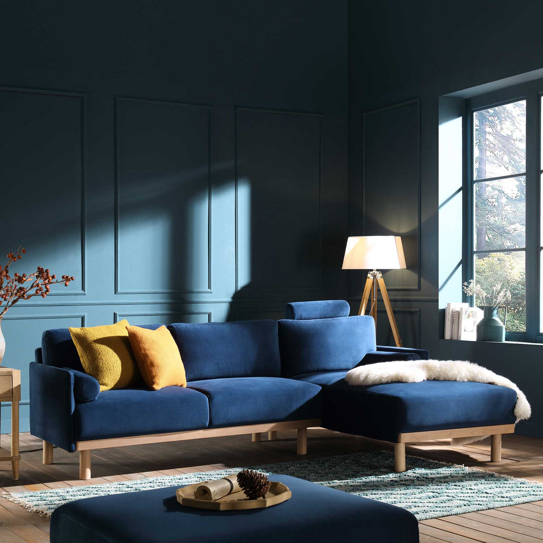 Timber Navy Blue Velvet Sofa, Large 3-Seater Chaise Sofa Right Hand | daals