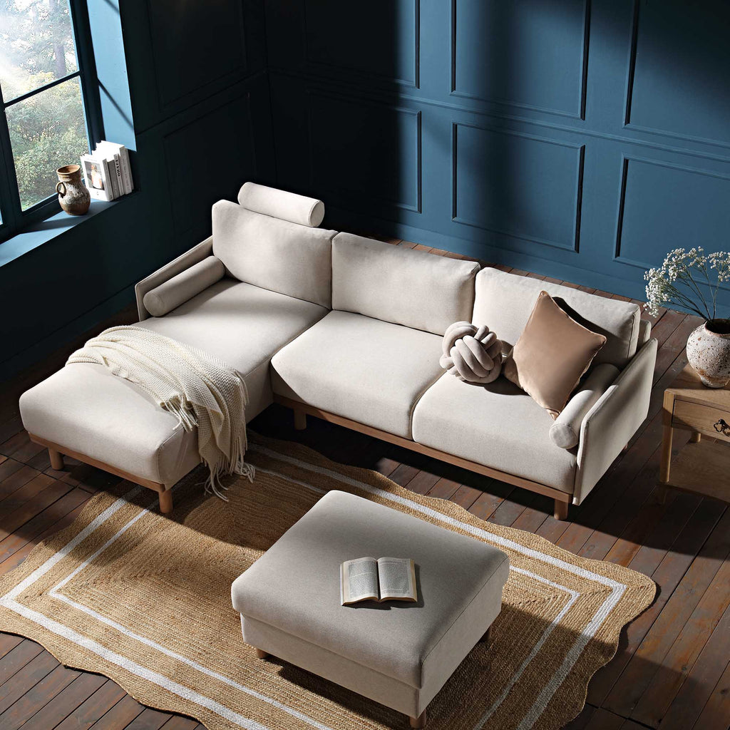 Timber Oatmeal Fabric Sofa, Large 3-Seater Chaise Sofa Left Hand Facin ...