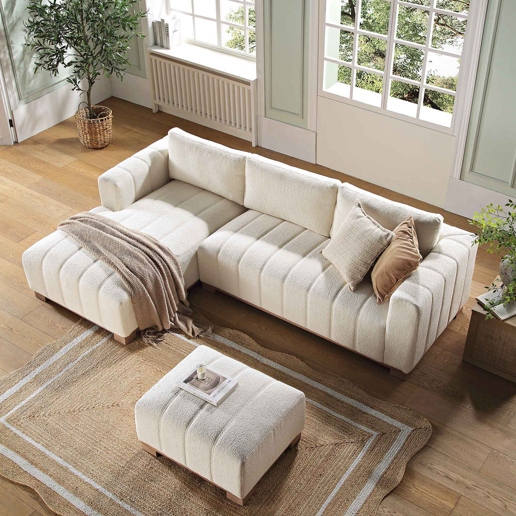 Belsize Beige Boucle Sofa with Wooden Base, Large Chaise Left Hand Fac ...