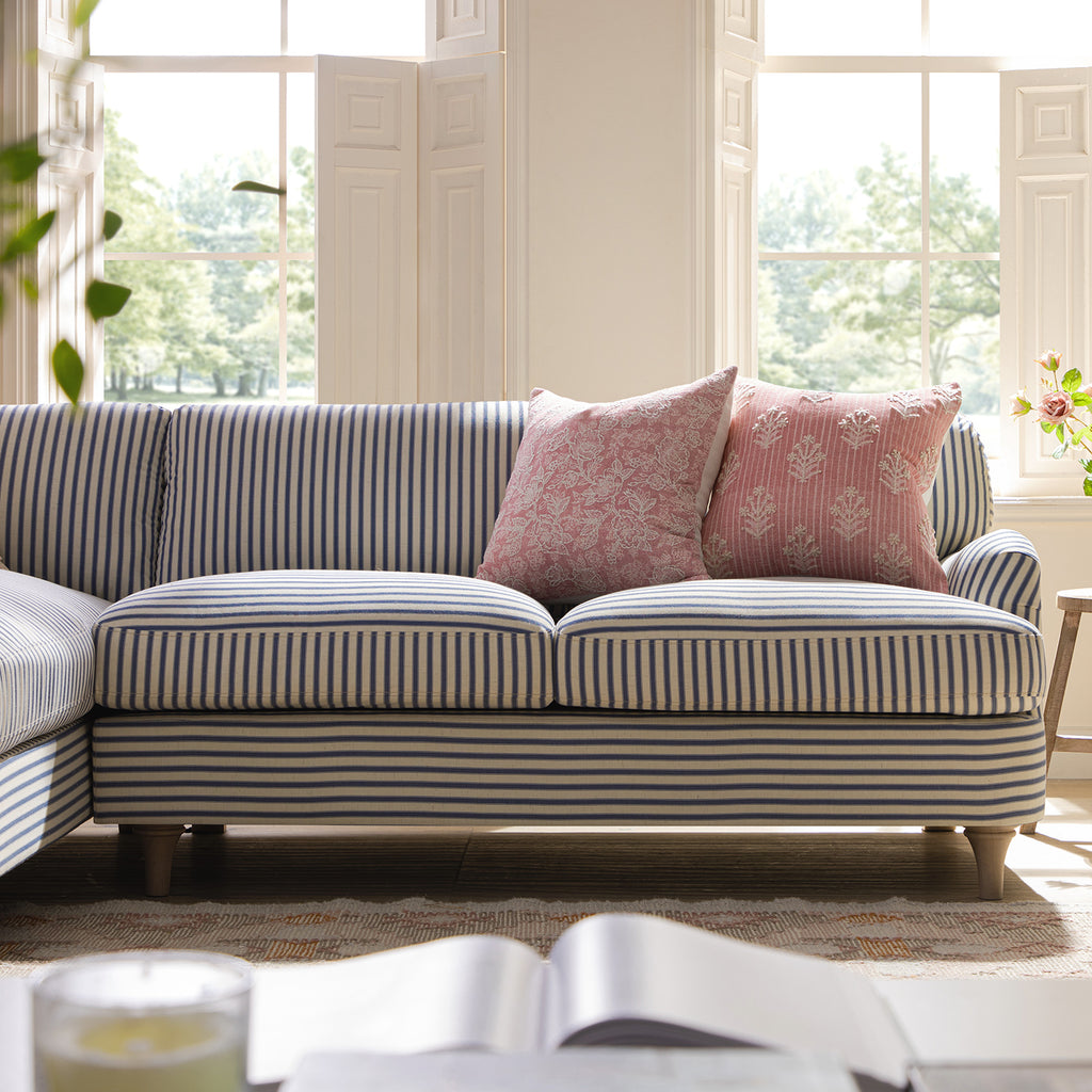 Daphnis Blue Striped Linen Blend Sofa, Grande Chaise Sofa Left Hand Fa ...