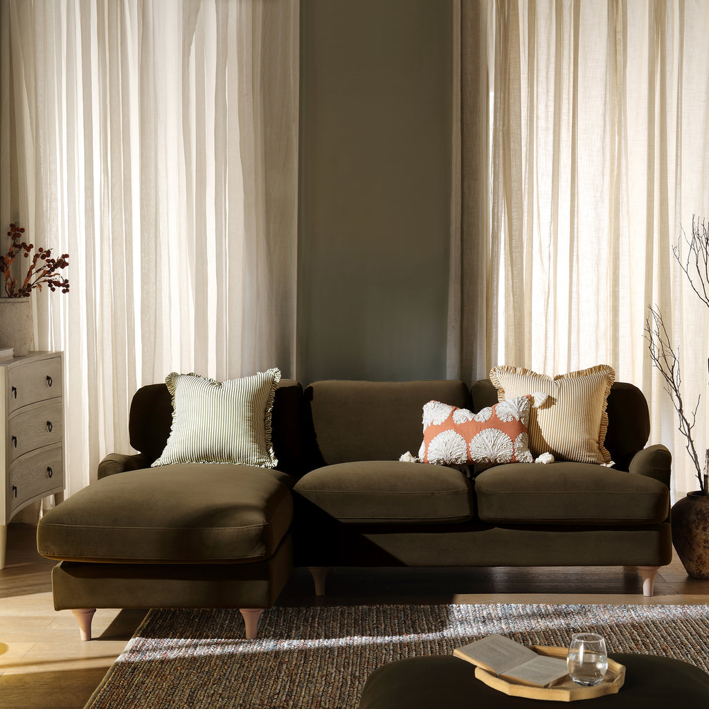 Daphnis Seaweed Velvet Sofa, Grande Chaise Sofa Left Hand Facing | daals