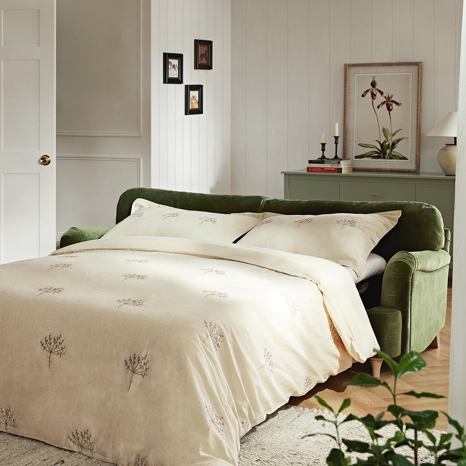 Daphnis Fern Green Velvet Sofa Bed, Large 3-Seater | daals