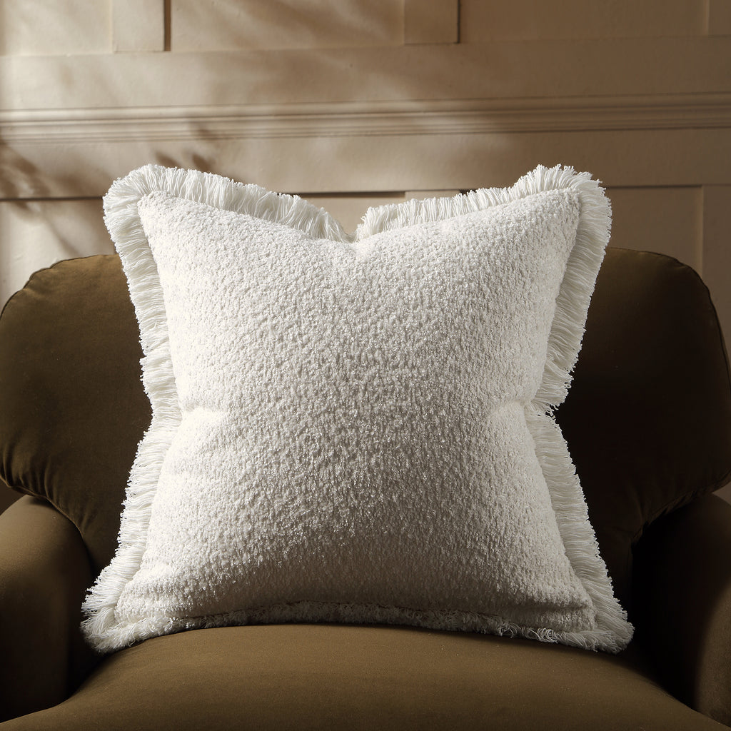 Kyra Cream White Bouclé Fringed Cushion | daals