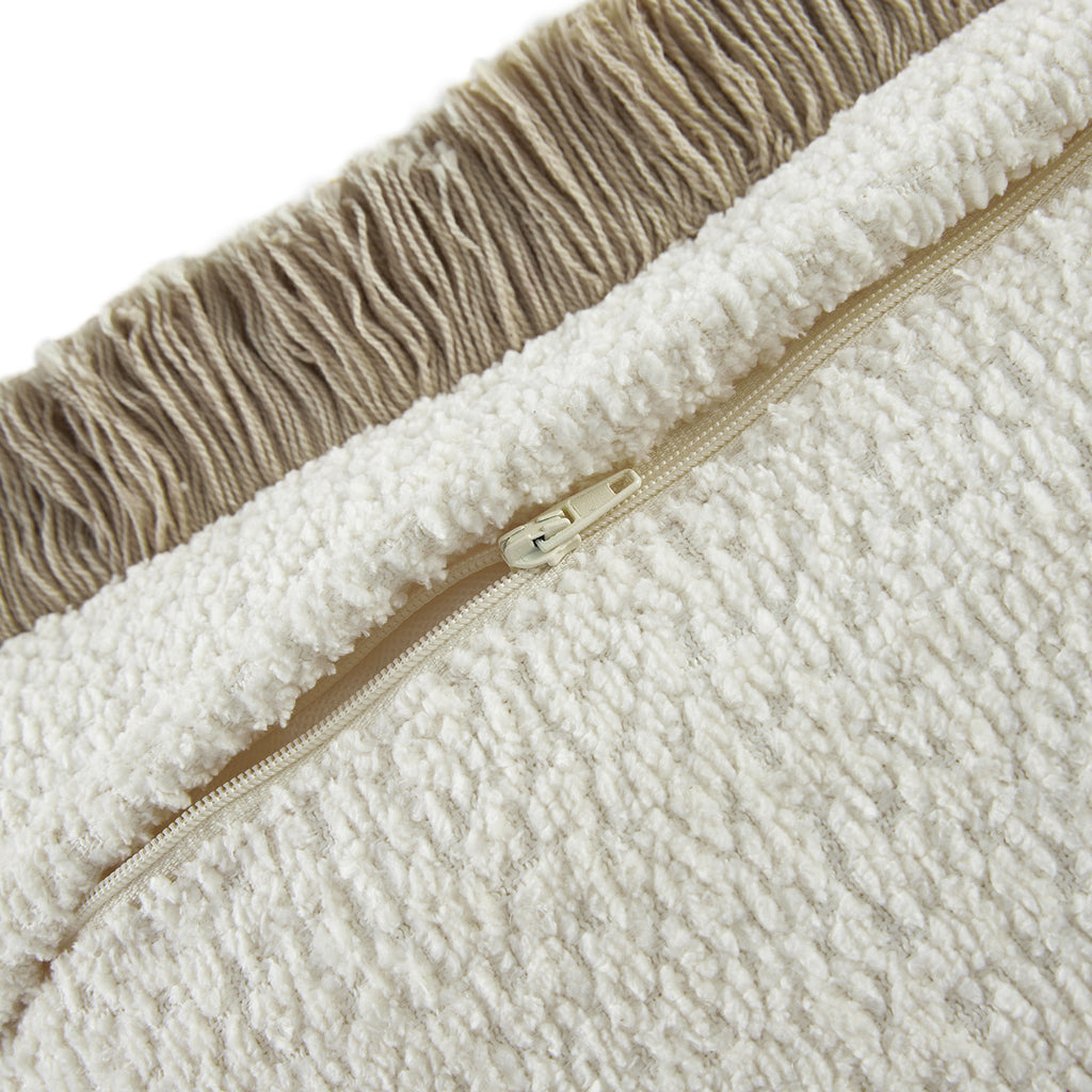 Kyra Cream White & Natural Bouclé Fringed Lumbar Cushion | daals