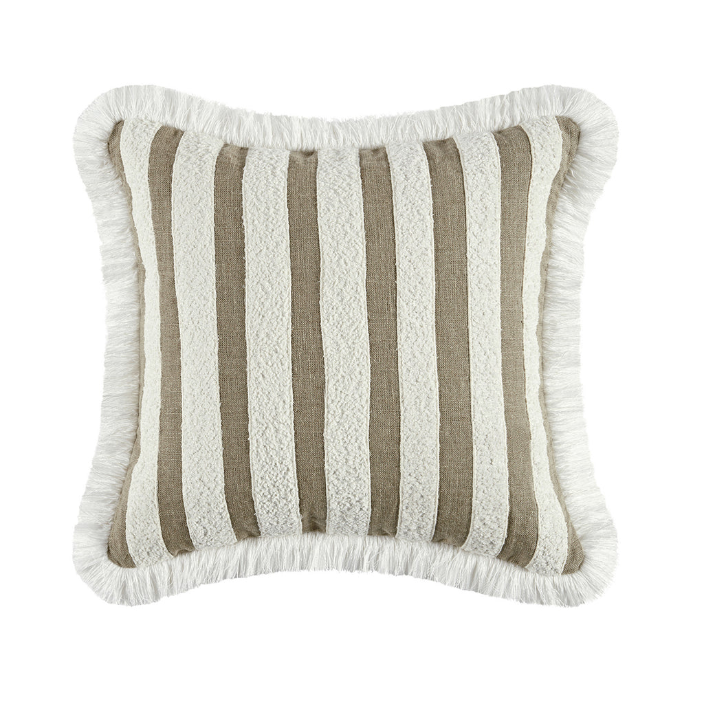 Kyra Cream White & Taupe Striped Linen Bouclé Fringed Cushion | daals