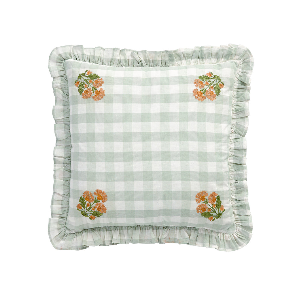 Matilda Sage Green Gingham Ruffle Floral Embroidered Linen Blend Cushi ...