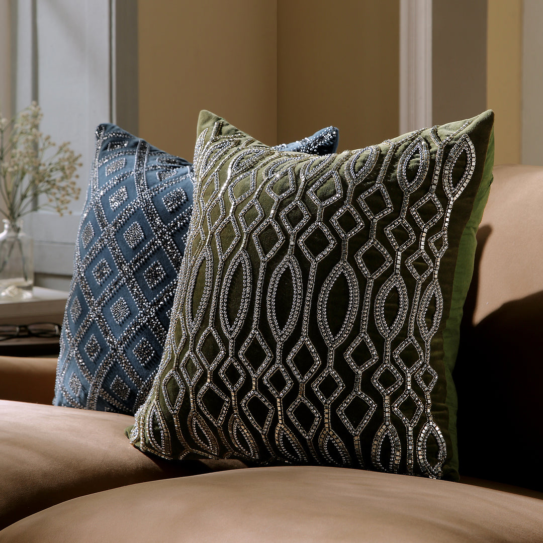 Luxe Collection Verona Beaded Moss Cotton Velvet Cushion | daals