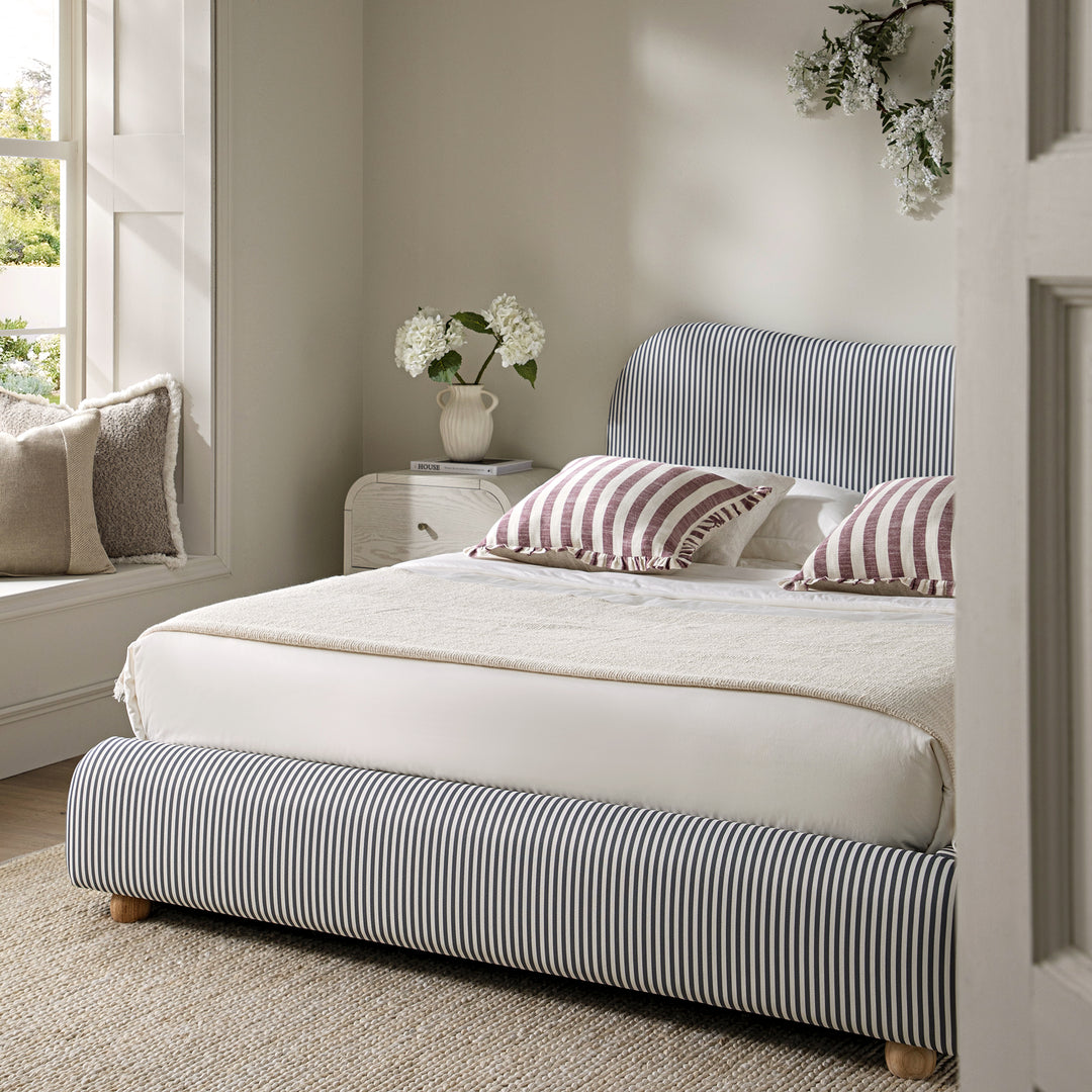 Egerie Curved Headboard Slate Blue Striped Fabric Ottoman Storage Bed ...