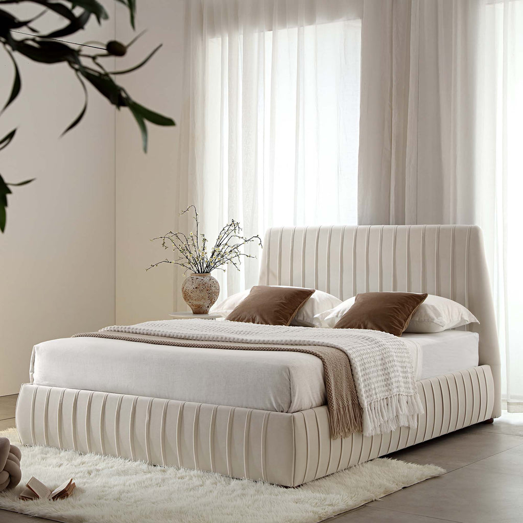Helia Pleated Ottoman Storage Bed, Champagne Velvet | daals