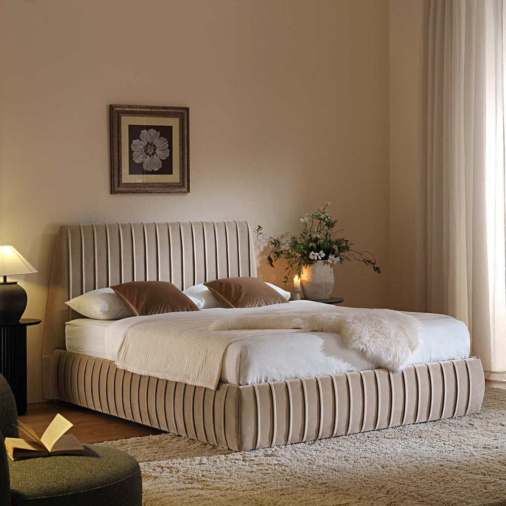 Helia Pleated Ottoman Storage Bed, Taupe Velvet | daals
