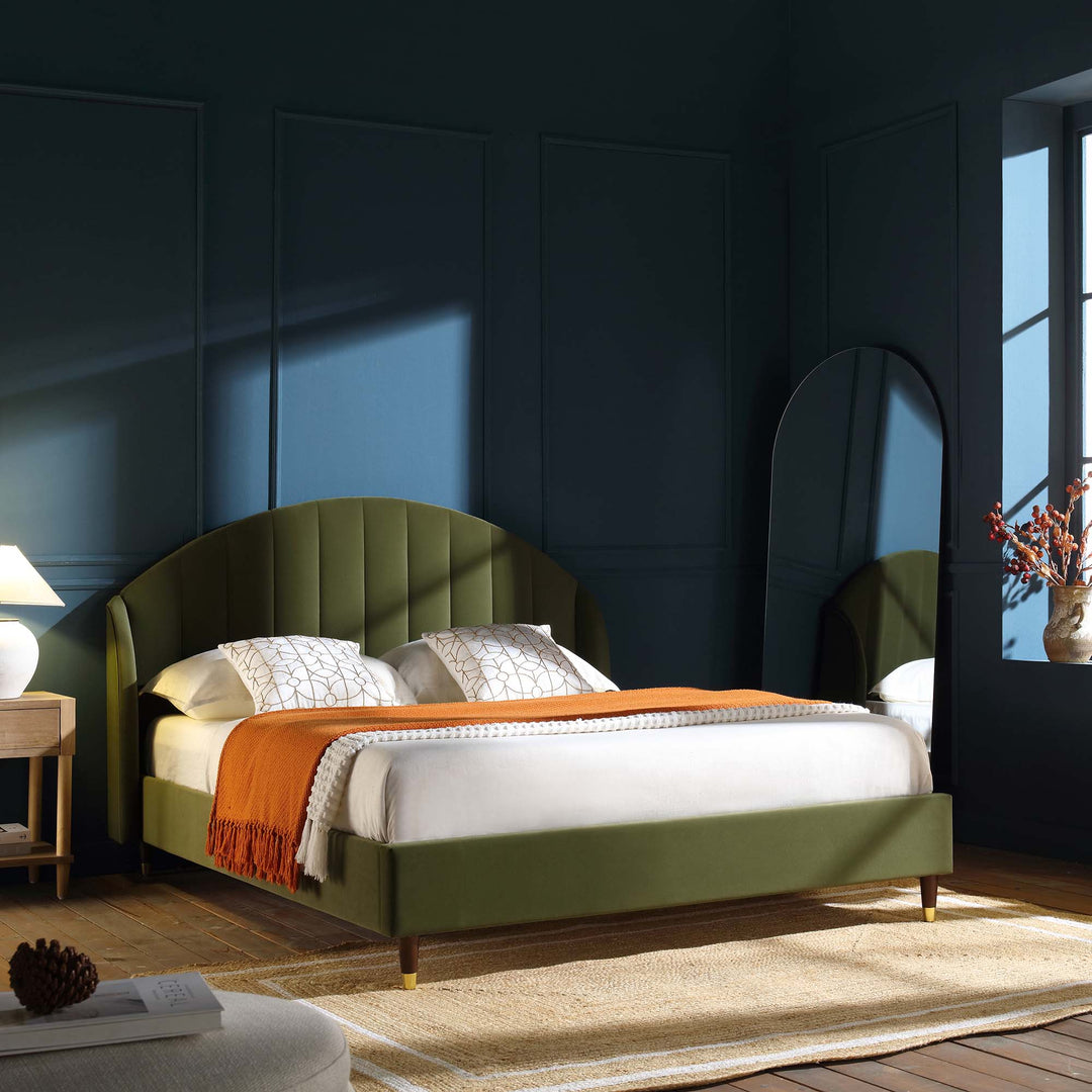 Eleanor Moss Green Velvet Upholstered Bed Frame with Domed Headboard ...