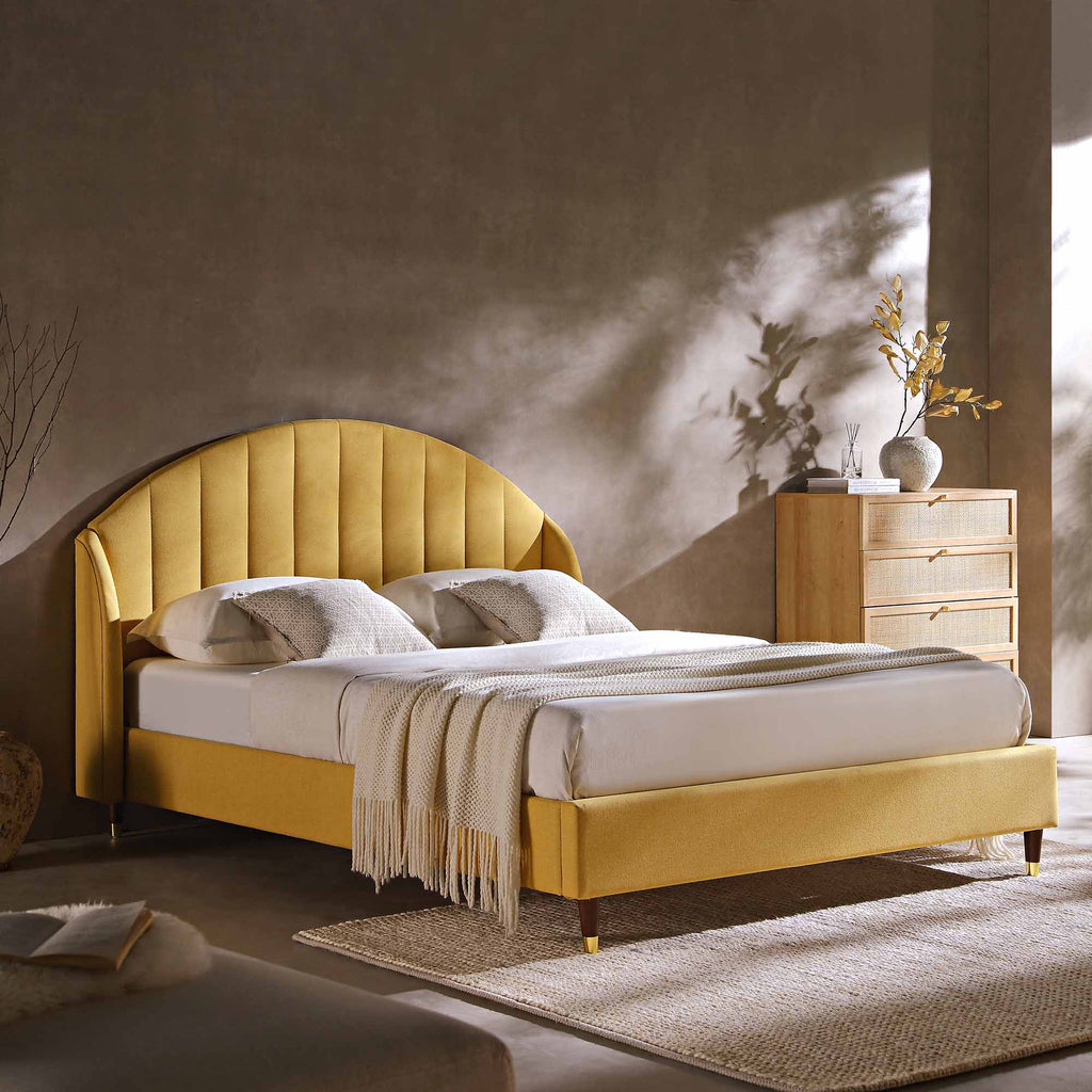 Eleanor Sunflower Yellow Fabric Upholstered Bed Frame with Domed Headb ...