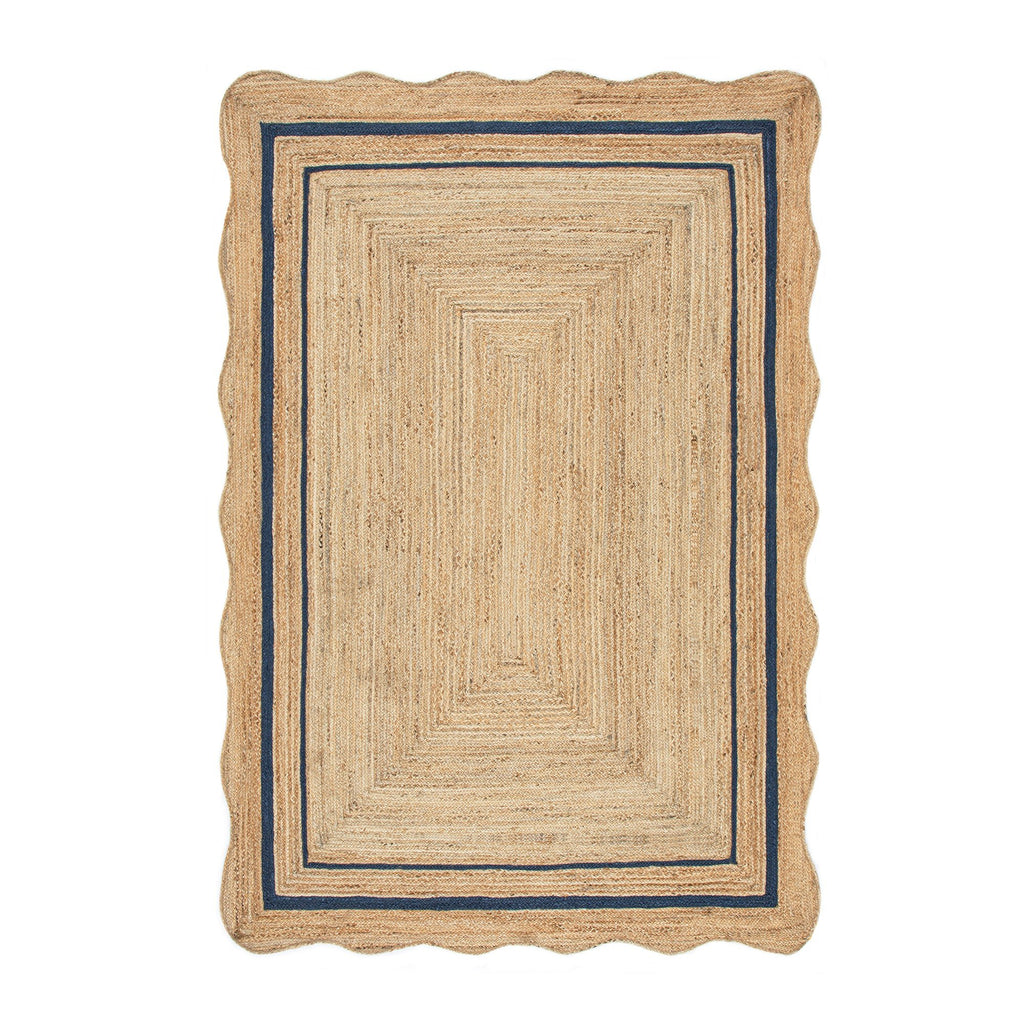 Evie Hand Braided Jute Scallop Navy Blue Border Rectangular Rug | daals