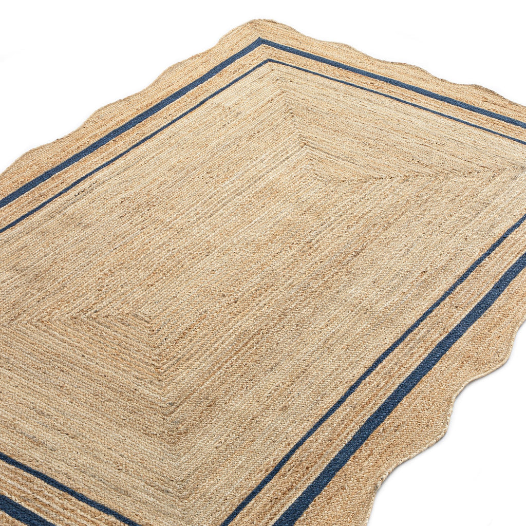 Evie Hand Braided Jute Scallop Navy Blue Border Rectangular Rug | daals