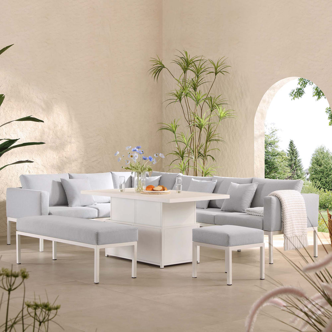 Calabasas Outdoor Fabric and Aluminium Corner Dining Set with Rising Table, Light Grey | daals