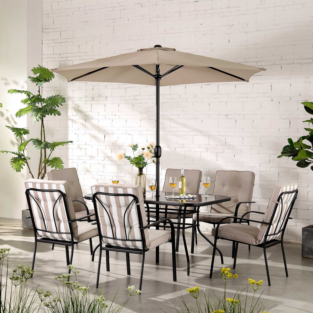 Champneys 6-Seater Fabric Outdoor Patio Dining Set with Parasol, Taupe ...