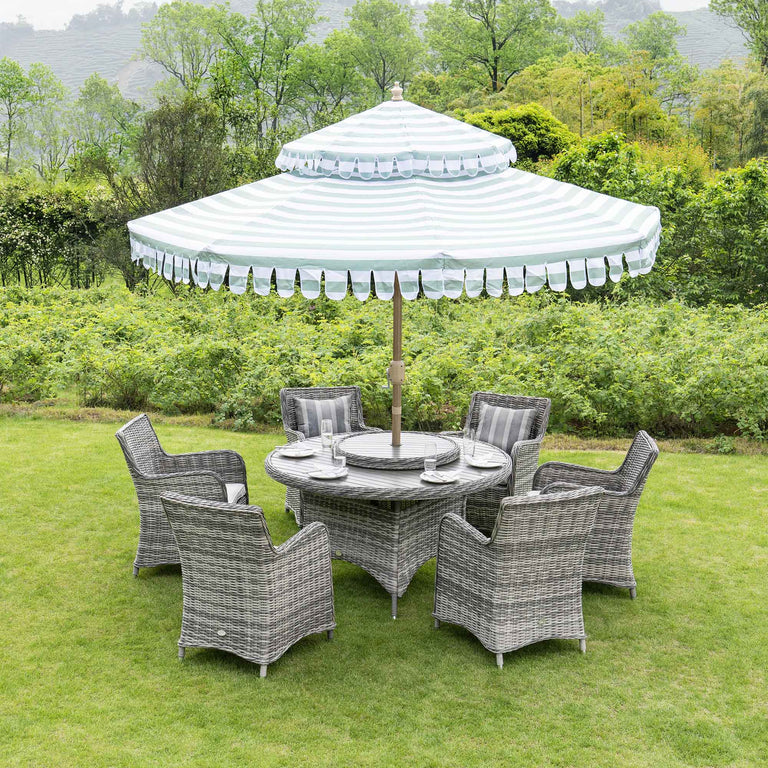 Hampshire 6-Seater Round Rattan Dining Set with Lazy Susan in Light ...