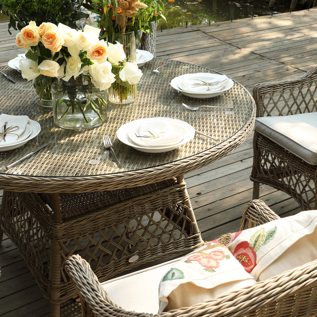 Willowbrook Lattice Weave Rattan 6-Seater Round Dining Set, Natural | daals