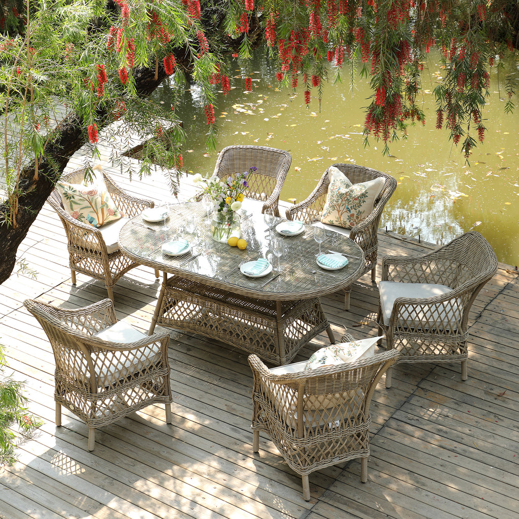 Willowbrook Lattice Weave Rattan 6-Seater Oval Dining Set, Natural | daals