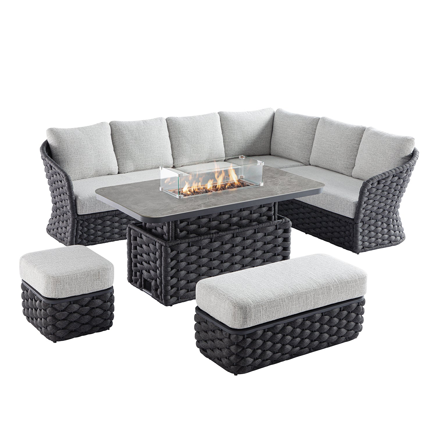 Positano Wide Rope Large Corner Casual Dining Set | Firepit Table, Gre ...