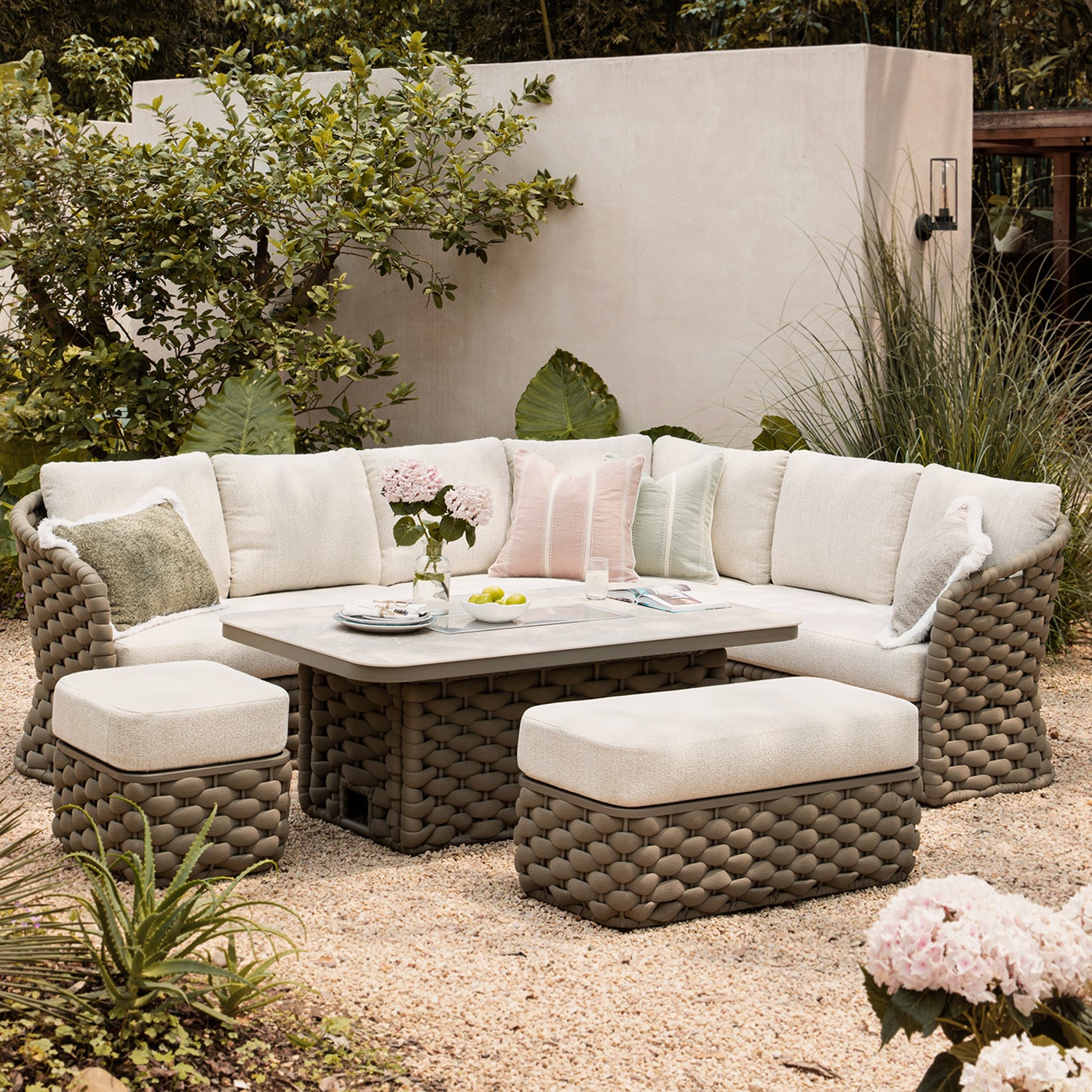Positano Wide Rope Large Corner Casual Dining Set | Firepit Table, Tau ...