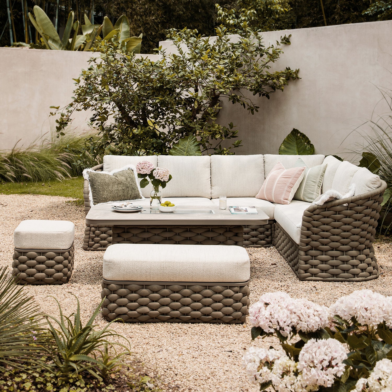 Positano Wide Rope Large Corner Casual Dining Set | Firepit Table, Tau ...