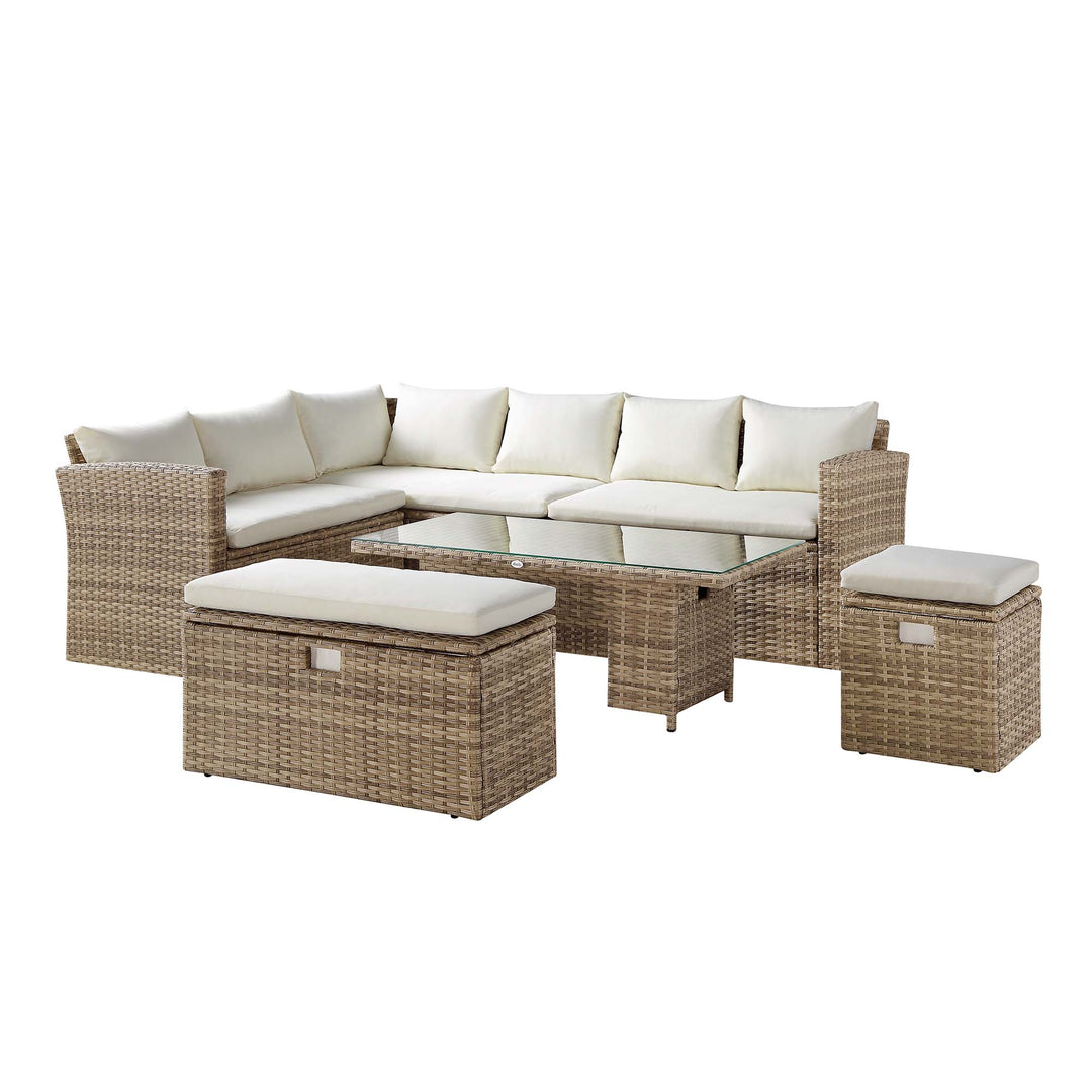 Granchester Rattan Rectangular Corner Dining Sofa Set with Rising Table ...
